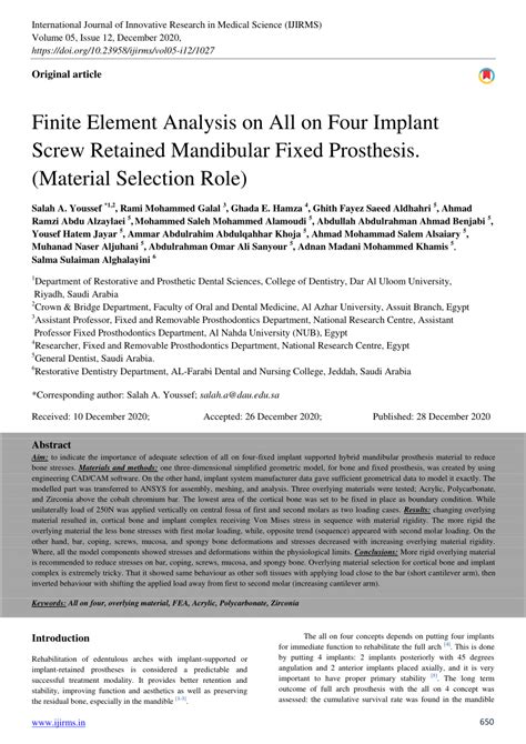 Pdf Finite Element Analysis On All On Four Implant Screw Retained
