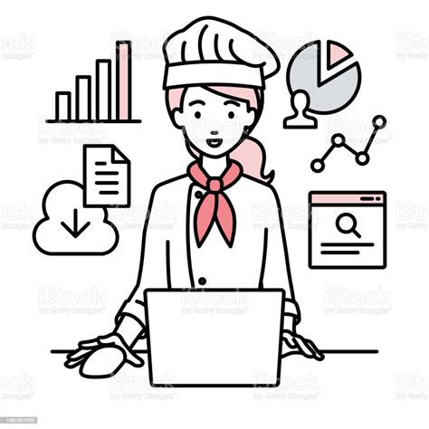 웹 사이트 검색 연구 클라우드파일 공유 분석 및 책상에서 보고서를 만들기 위해 랩톱 컴퓨터를 사용하는 요리사 여성 검색에 대한 스톡 벡터 아트 및 기타 이미지 Istock