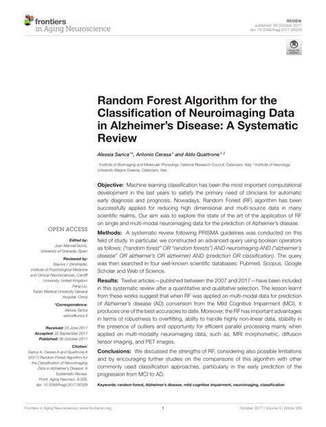 Pdf Random Forest Algorithm For The Classification Of Neuroimaging Data In Alzheimers Disease