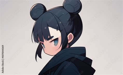 Cute Chibi Girl With Black Hair In Buns Wearing A Dark Blue Hoodie In Anime Style Simple