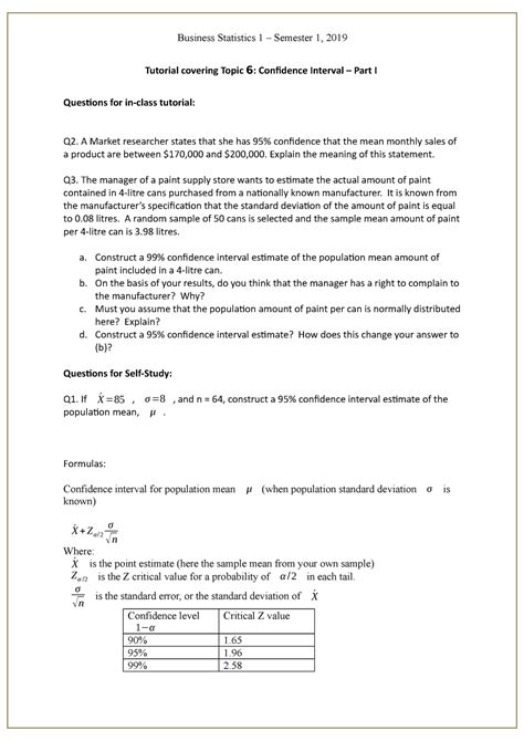 Tutorial Covering Topic 6 Questions 3 Business Statistics 1 Semester 1 2019 Tutorial