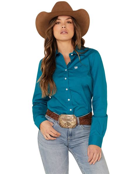 Cinch Womens Solid Teal Long Sleeve Button Down Shirt