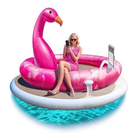 Premium Ai Image A Woman Sitting On An Inflatable Flamingo Float With A Laptop On It