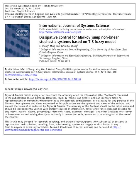 Pdf Dissipative Control For Markov Jump Non Linear Stochastic Systems