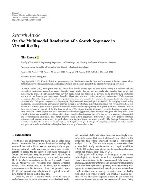 Pdf On The Multimodal Resolution Of A Search Sequence In Virtual Reality