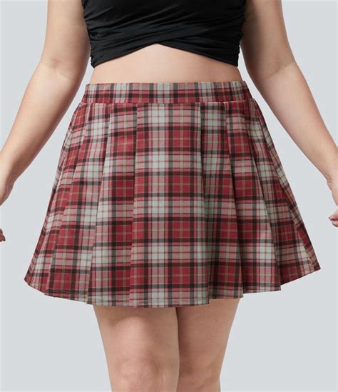 Womens High Waisted 2 In 1 Pocket Plaid Pleated Mini Casual Plus Size