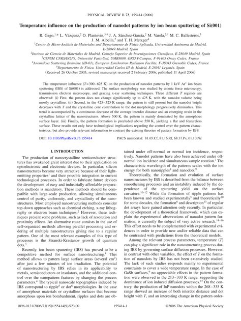 Pdf Temperature Influence On The Production Of Nanodot Patterns By Ion Beam Sputtering Of Si001