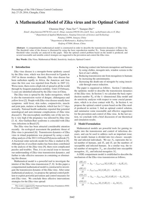 Pdf A Mathematical Model Of Zika Virus And Its Optimal Control