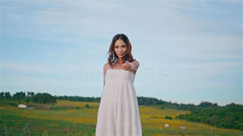 Rural Lady Attracting Hand Posing Flowers Farmland Alone Girl Looking
