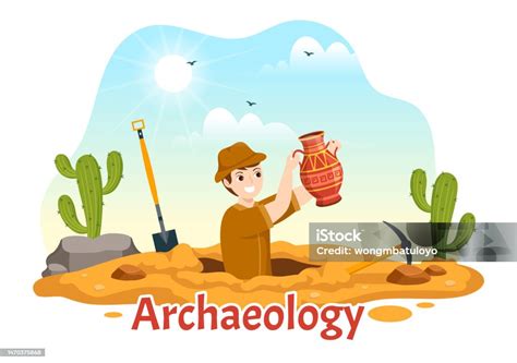 고대 유적 유물 및 공룡 화석의 고고학적 발굴이 있는 고고학 삽화는 평평한 만화 손으로 그린 템플릿 건축에 대한 스톡 벡터 아트 및 기타 이미지 Istock