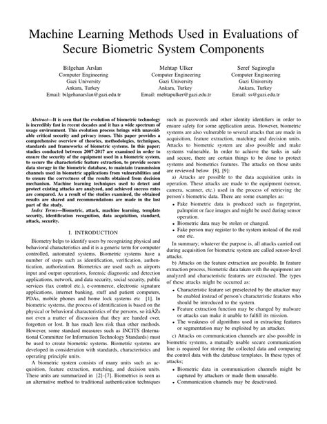 PDF Machine Learning Methods Used In Evaluations Of Secure Biometric System Components