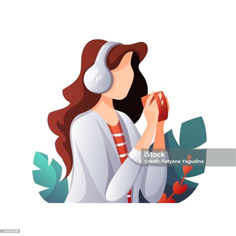 음악 오디오 북 또는 팟 캐스트를 듣고 헤드폰과 컵을 가진 여자 E러닝 온라인 코스 편안한 컨셉 개념에 대한 스톡 벡터 아트 및 기타 이미지 Istock