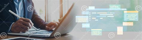 Software Developer Work With Coding Overlays Of Programming Languages