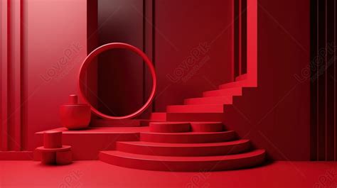 생생한 3d 렌더링 스튜디오 미니멀리스트 디자인 초록을 위한 빨간색 기하학적 연단 및 제품 프레젠테이션 플랫폼 리스 배경