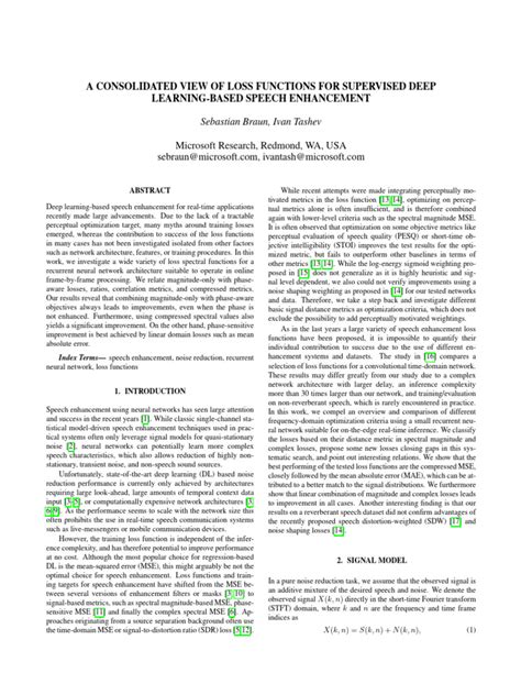 A Consolidate View Of Loss Functions For Supervised Deep Learning Based Speech Enhancement Pdf
