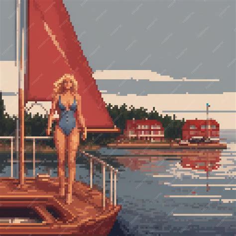 A Woman In A Bikini Stands On A Sailboat Showcasing A Vintage Pixel Art