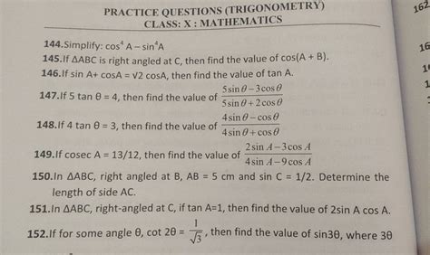 Practice Questions Trigonometry Class X Mathematics 144 Simplify C
