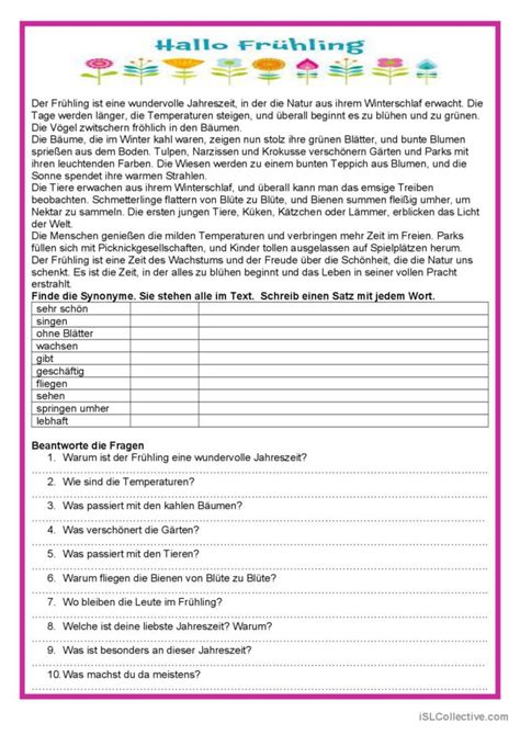 Einfache Texte Hallo Frühling Allg… Deutsch Daf Arbeitsblätter Pdf And Doc