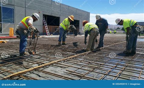 Construction Workers Pouring Concrete On A Rebar Grid Stock Illustration Illustration Of