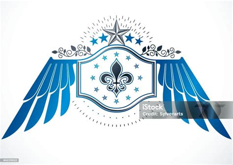 팔의 문장 학 외 투 날개 빈티지 벡터 상징 릴리 꽃 로얄 기호와 오각형 별 구성 독수리에 대한 스톡 벡터 아트 및 기타 이미지