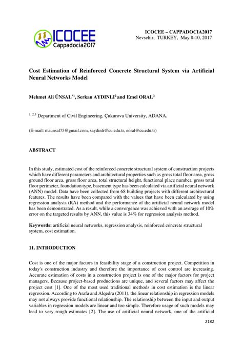 Pdf Cost Estimation Of Reinforced Concrete Structural System Via Artificial Neural Networks Model