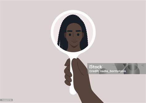 거울 속의 반성 자기 사랑과 자신감을 바라보는 젊은 여성 아프리카 캐릭터 개성 개념에 대한 스톡 벡터 아트 및 기타 이미지
