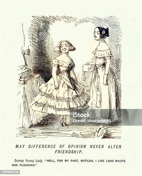 친구에게 새 드레스를 보여주는 젊은 여자 여성 우정 존 리치의 빅토리아 시대 만화 19 세기 유머 빈티지 일러스트레이션 19