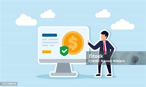 달러 동전과 녹색 수표 방패가 표시된 노트북 옆에 서 있는 사업가 비즈니스 금융 보험의 중요성을 보여주는 그림 경제에 대한 스톡 벡터 아트 및 기타 이미지 Istock