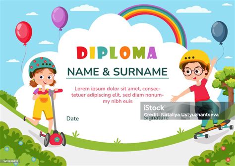 유치원 또는 초등 학년의 어린이와 어린이를위한 학교 학생 및 유치원을위한 귀여운 졸업장 증명서 템플릿 4 5세에 대한 스톡 벡터