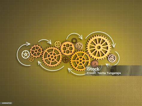 팀워크 협력 비즈니스 워크플로우 시스템 전략 및 관리 개념 나무 기어와 톱니 바퀴의 많은 패턴은 노란색 격자 배경에 고립 된 흐르는 화살표와 함께 작동합니다 0명에 대한