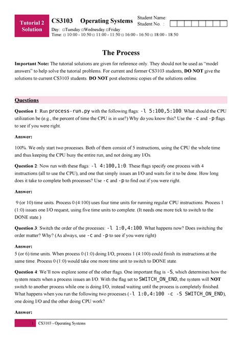 CS3103 Tutorial 2 Solution 20240208 Tutorial 2 Solution CS3103 Operating Systems Babe Name