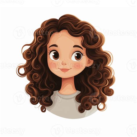 Cute Cartoon Character Girl With Curly Brown Hair And Friendly