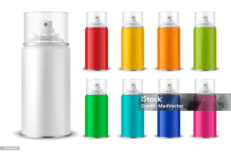 벡터 3d 사실알루미늄 빈 스프레이 캔 병 투명 뚜껑 세트 격리 디자인 템플릿 분무기 캔 모의 패키지 광고 헤어 스프레이