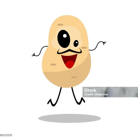 만화 캐릭터 명랑 한 젊은 감자 검은 콧수염 웃음과 물결 모양의 손 움직임 야채와 농업 개념을 만드는 흰색 배경에 점프 귀여운에 대한 스톡 벡터 아트 및 기타 이미지