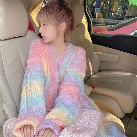 Kawaii Rainbow Knitted Cardigan Sweater Pink L Pastel Rainbow