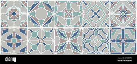 Collection Of Seamless Geometric Mosaic Patterns Trendy Blue Tile Textures Decorative Color