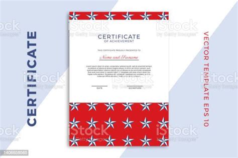 졸업 또는 과정 완료를위한 수직 비즈니스 디플로마 모형 별 기하학적 패턴으로 감사 증서 템플릿의 애국적인 디자인 벡터 배경 Eps 10 감사장에 대한 스톡 벡터 아트 및