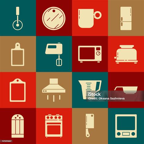 전자 저울 프라이팬 토스터 커피 컵 전기 믹서 도마 피자 나이프 및 전자 레인지 아이콘을 설정합니다 벡터 가정 생활에 대한 스톡 벡터 아트 및 기타 이미지 Istock