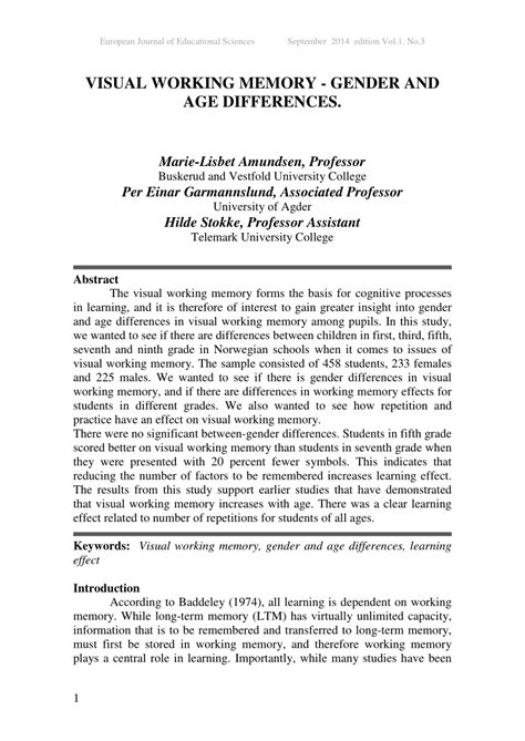 PDF VISUAL WORKING MEMORY GENDER AND AGE DIFFERENCES