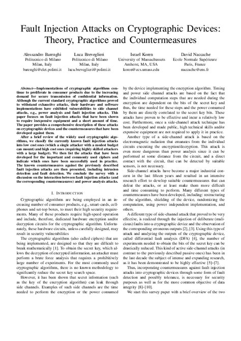 Pdf Fault Injection Attacks On Cryptographic Devices Theory Practice And Countermeasures