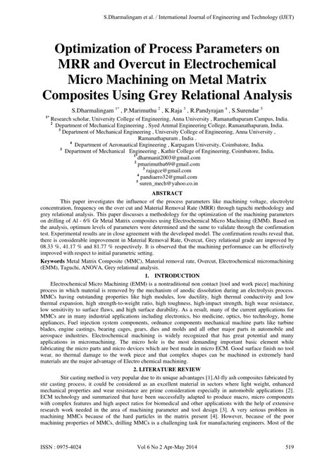 Pdf Optimization Of Process Parameters On Mrr And Overcut In Electrochemical Micro Machining