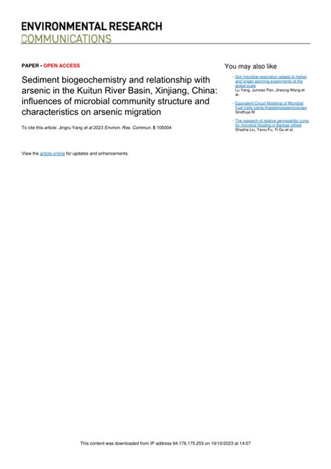 Pdf Sediment Biogeochemistry And Relationship With Arsenic In The