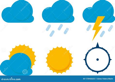 Six Weather Icons In Flat Style Clouds Sun And Compass Stock Vector
