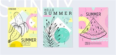 여름 파티 포스터 세트 기하학적 멤피스 스타일 유형 따옴표와 멋진 트렌디 한 전단지 여행 배너 음악 표지 패션 인쇄를위한 열대 요소 리프 벡터 일러스트레이션 민트 핑크 배경