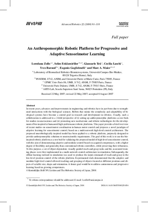 Pdf An Anthropomorphic Robotic Platform For Progressive And Adaptive