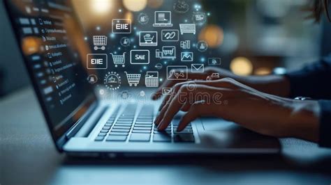 Person Uses Laptop With Various Online Shopping Icons Hovering Person Types On Keyboard Omni