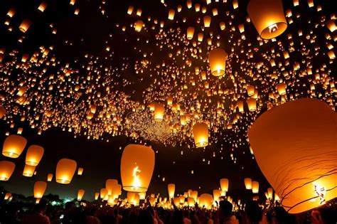 Illuminated Light Floating Asian Lanterns Night Sky Stock Illustration Illustration Of Symbol