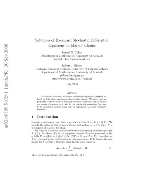 Pdf Solutions Of Backward Stochastic Differential Equations On Markov Chains