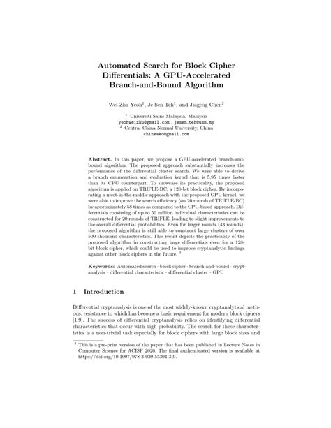 Pdf Automated Search For Block Cipher Differentials A Gpu Accelerated Branch And Bound Algorithm
