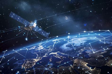 Satellite In Space With Earth Below And Digital Connections On The Ground Premium Ai Generated